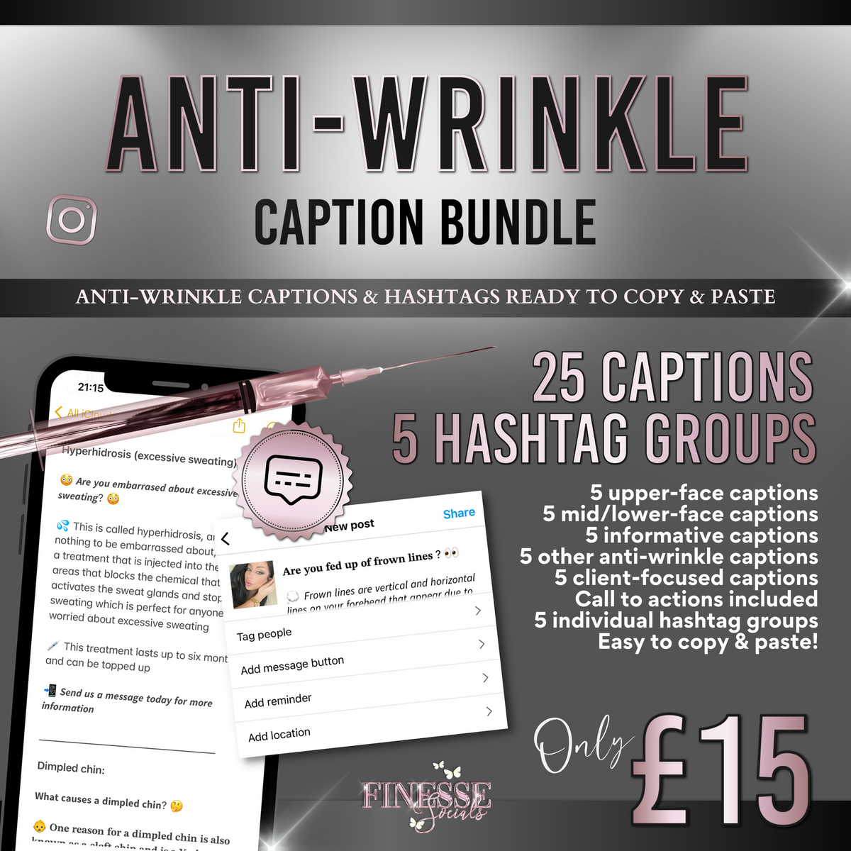 Anti-Wrinkle Caption Bundle (For Instagram) | 25 Captions & 5 Hashtag – Finesse Socials®